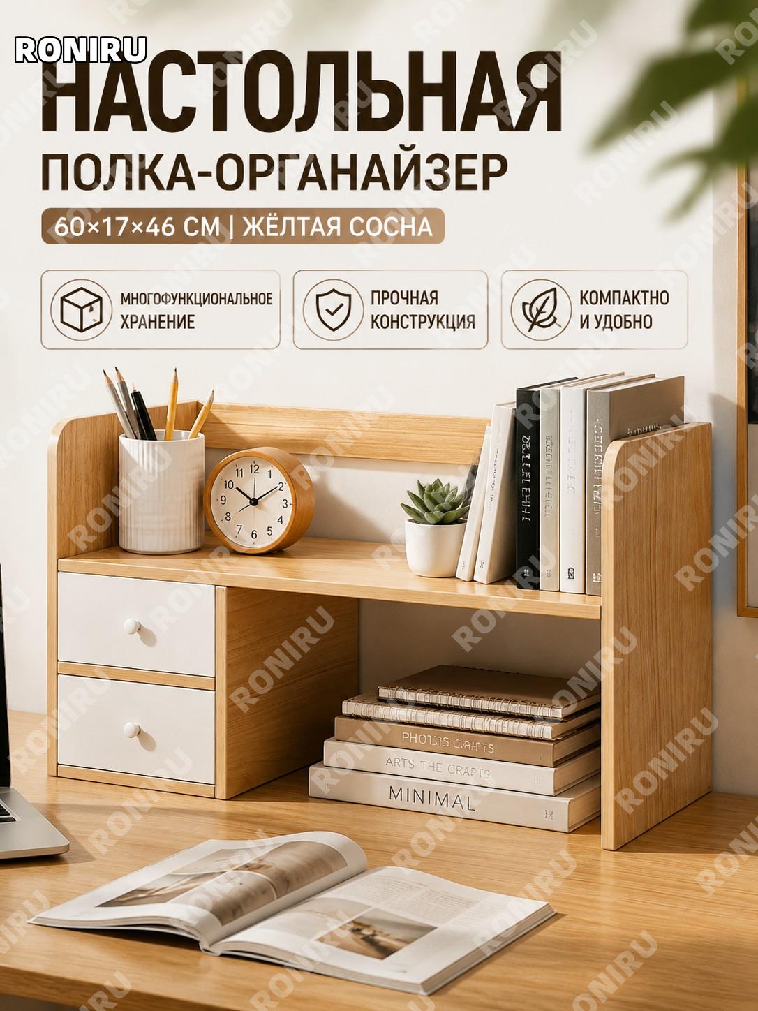 Настольный книжный шкаф с двумя дверцами 60×17×46 см, цвет желтой древесины, многоуровневый органайзер для офиса