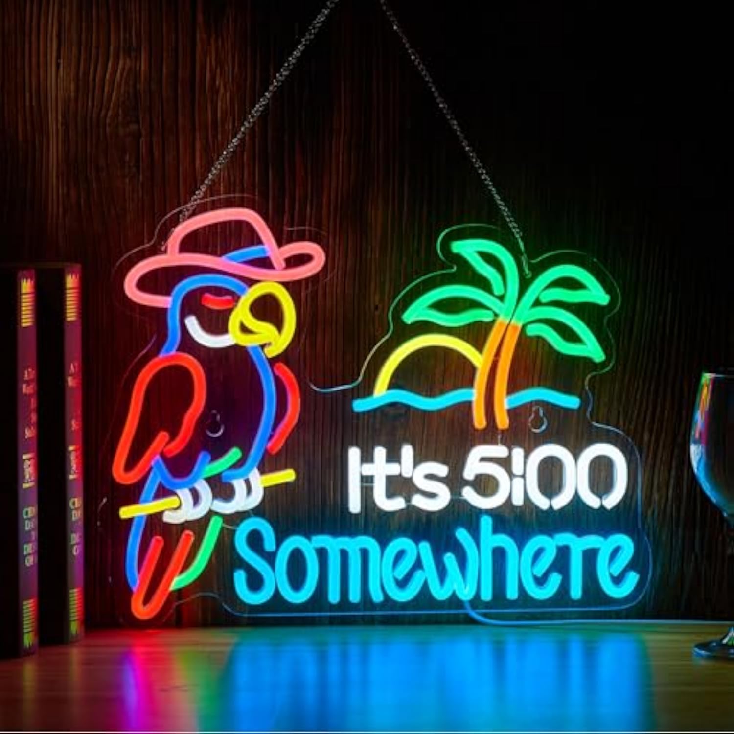 Неоновая вывеска LED с попугаем и пальмой, надпись It's 5:00 Somewhere, на акриловой основе, USB, декор бара, оригинальный подарок