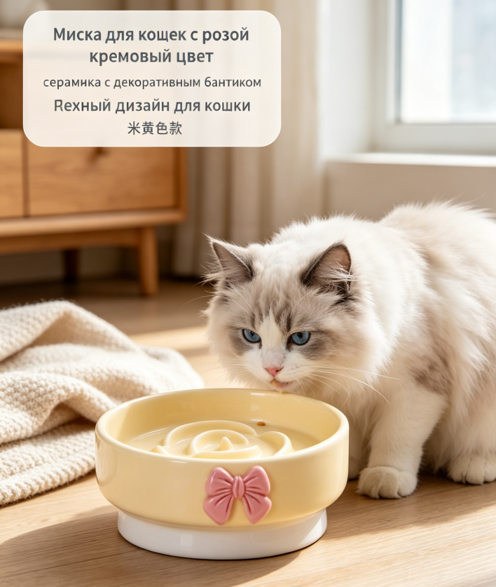Керамическая миска для кошек с узором розы и бантиком, замедленное кормление, красивая миска для питомцев
