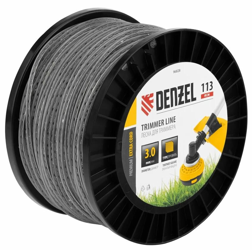 Леска двухкомпонентная EXTRA CORD (3 мм, 113 м, зубчатый квадрат, на DIN катушке) для триммера Denzel, арт. 96828