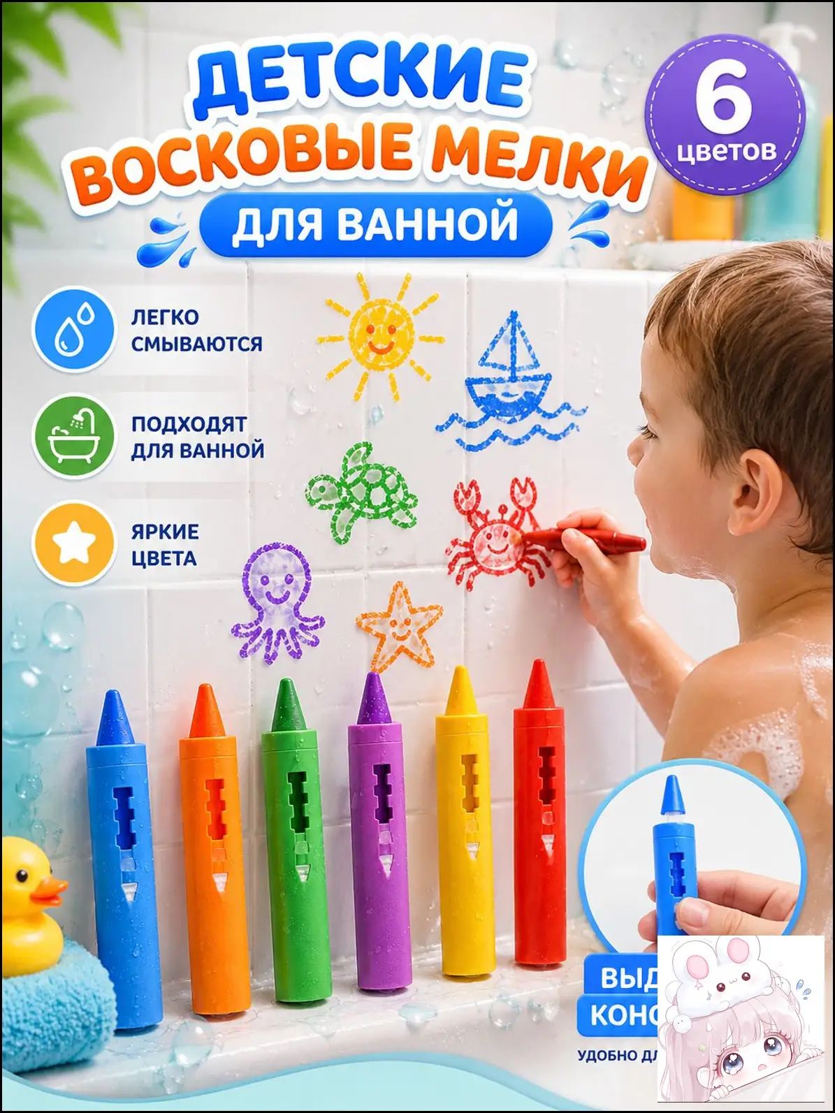 Набор ваннных мелков для детей 6 шт, 6 цветов, выдвижной, без запаха, водные и моются легко!