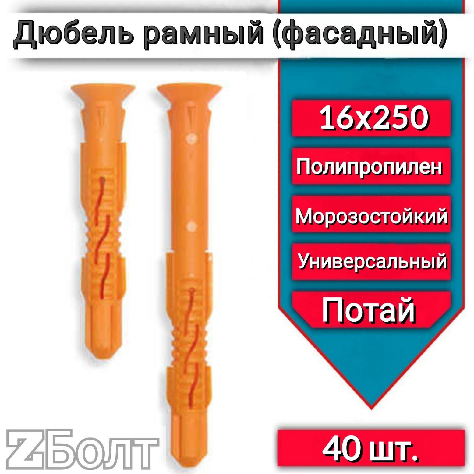 Дюбель фасадный (рамный), потай 16х250, 40 шт.