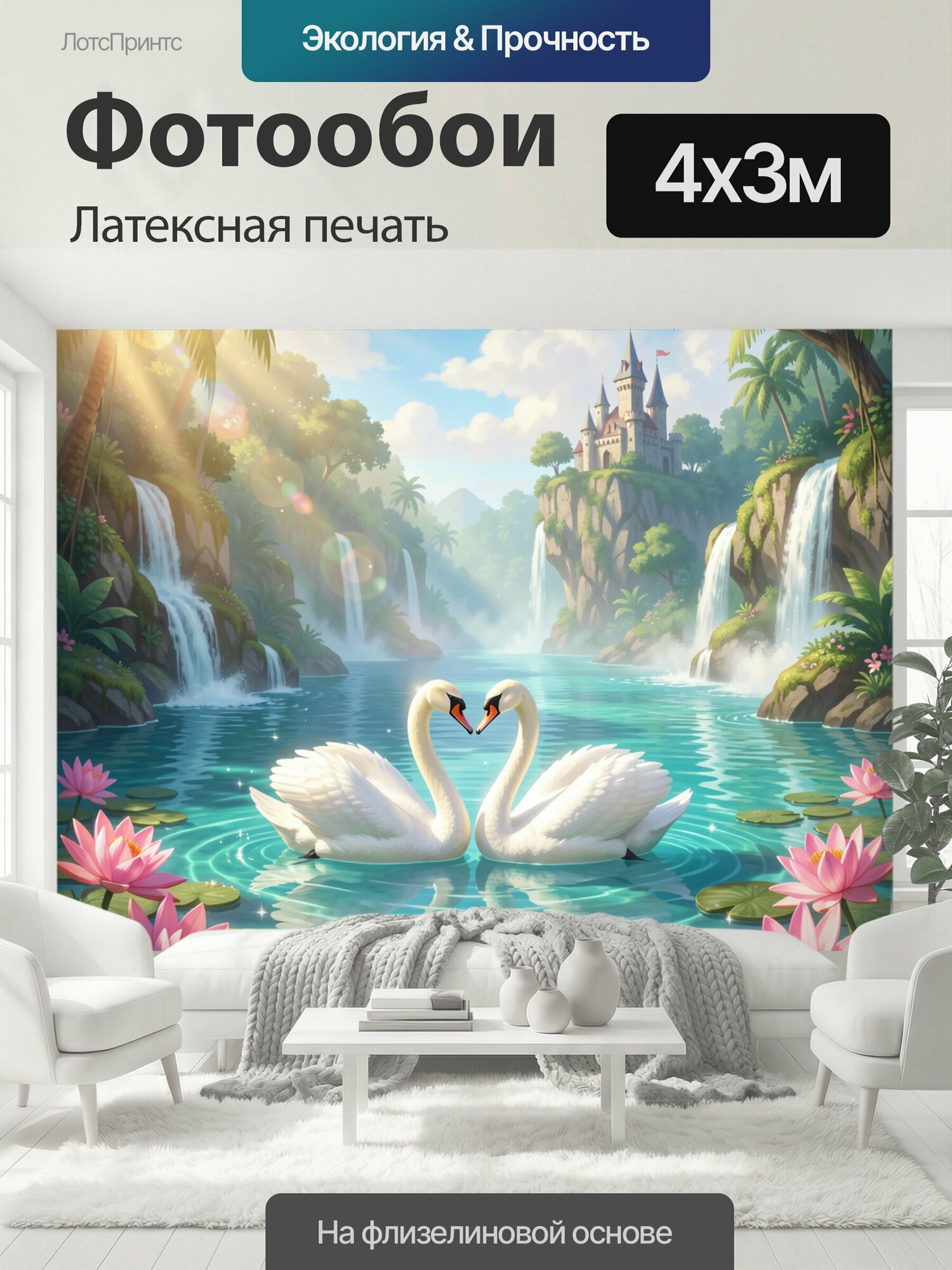 Фотообои моющиеся ударопрочные "Лебеди у сказочного водоема. Романтичная фантазийная сцена с парой белоснежных птиц на бирюзовой воде." 400x300 см. латексная печать