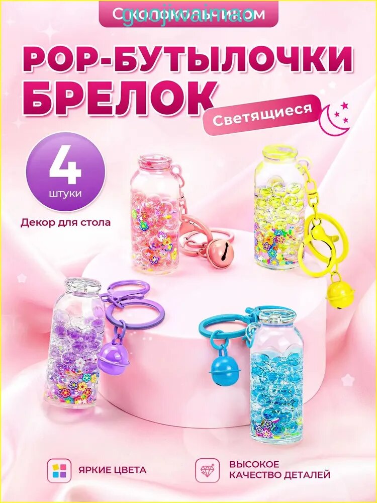 Набор из 4 премиальных POPбутылок с двухцветными шарами, используемый как антистрессбрелок, предназначенный в качестве презента для детей обоего пола на торжества.