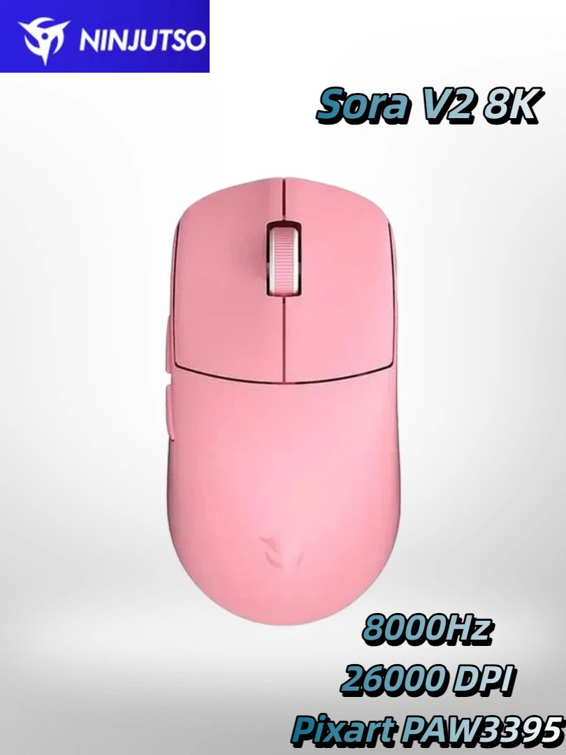 Ninjutso Игровая мышь беспроводная Sora V2 8K, 8000Hz, Pixart PAW3395, 26000 DPI, Беспроводная технология SnappyFire, розовый
