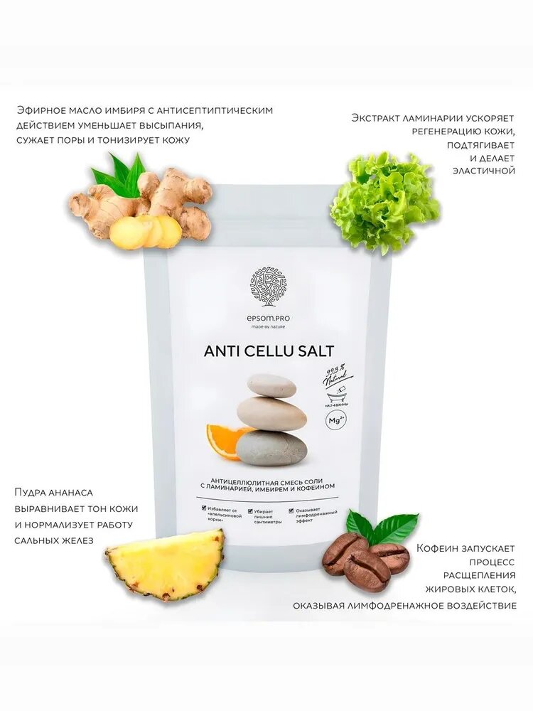 Соль Антицеллюлитная с маслами, ламинарией и кофеином "ANTI CELLU SALT" 1 кг Epsom.pro