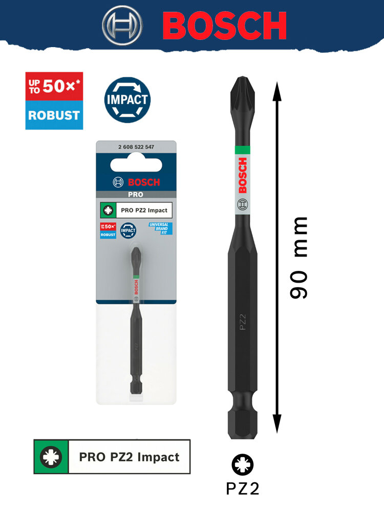 BOSCH 2608522547 PRO Impact PZ2, 90 мм, шестигранный хвостовик 1/4" надежная оснастка для завинчивания Насадка-бита