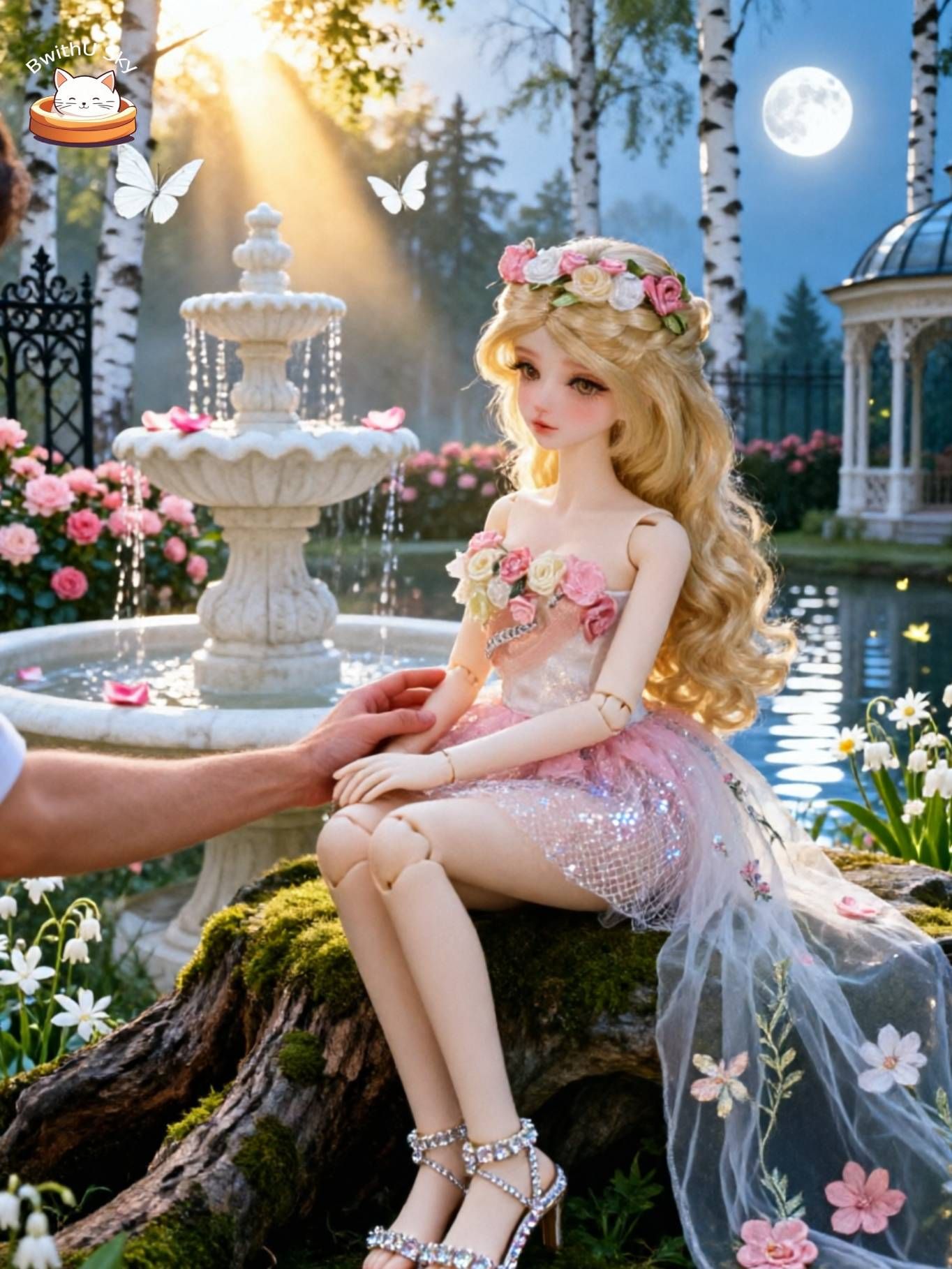 BwithUSky Yier 1/4 BJD кукла: лесная фея в розовом платье с цветами. Золотые волосы, прозрачный шлейф, блестки. Сладкий летний стиль