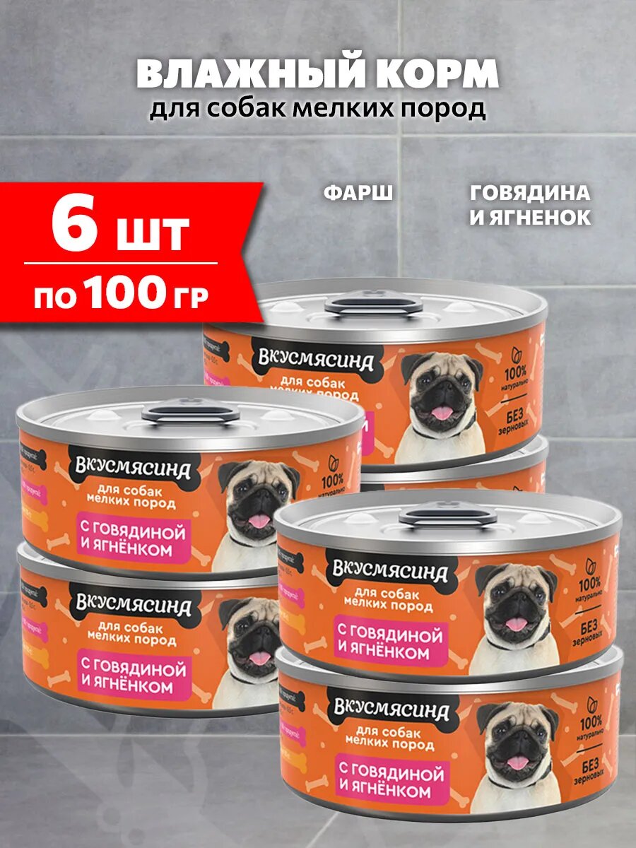 Корм влажный Вкусмясина для взрослых собак мелких пород, говядина и ягненок, 100 г 6 шт