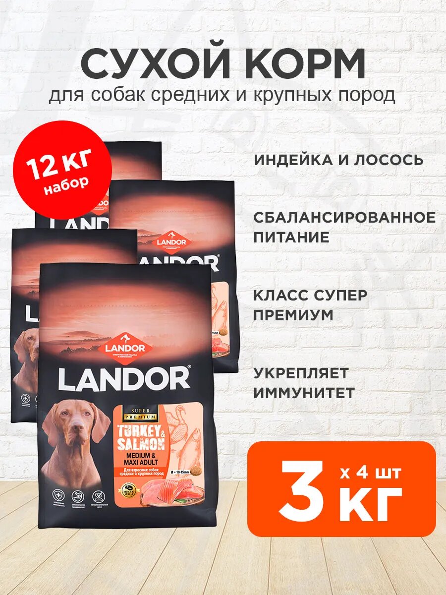 Корм сухой Landor Medium & Maxi Adult для взрослых собак средних и крупных пород, индейка, лосось, 3 кг 4 шт
