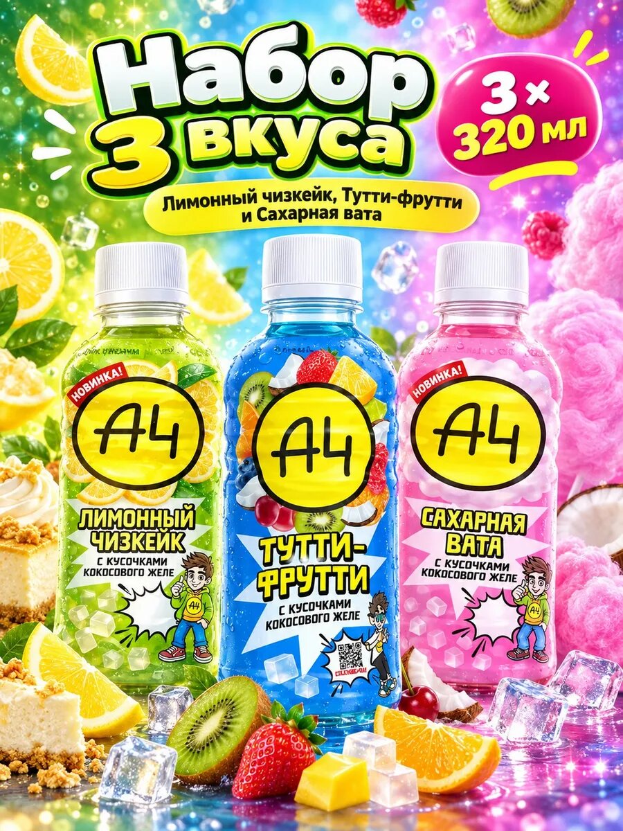 Набор напитков А4 320 мл Лимонный чизкейк, Тутти-фрутти и Сахарная вата, 3 вкуса по 320 мл: Лимонный чизкейк, Тутти-фрутти, Сахарная вата, напиток с кокосовым желе Влад А4, ассорти вкусов