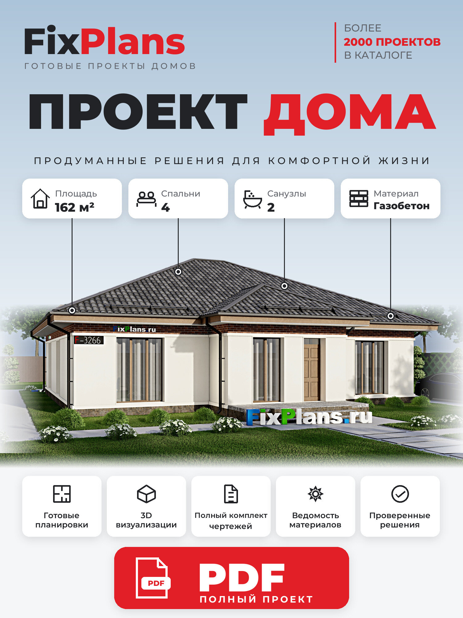 Проект дома FIXPLANS. Одноэтажный. Площадь 155.76 м2 F-3266 Размер 14.72 х 14.855