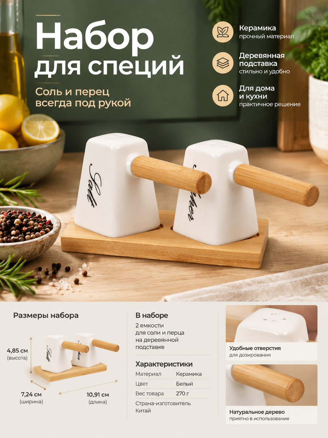 Белые керамические емкости для соли и перца, 2 шт, на деревянной подставке