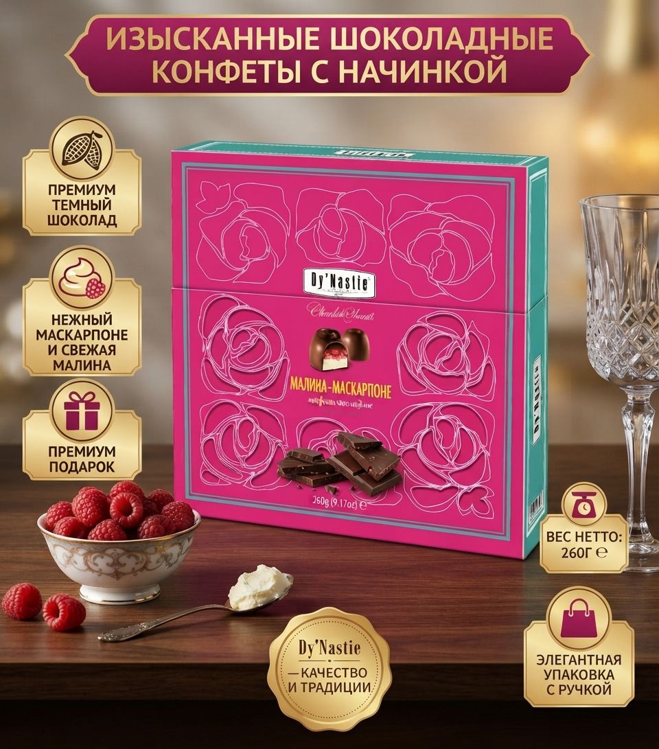 Конфеты Dy Nastie шоколадные "Малина - Маскарпоне" /сумка с узорами/ 170г
