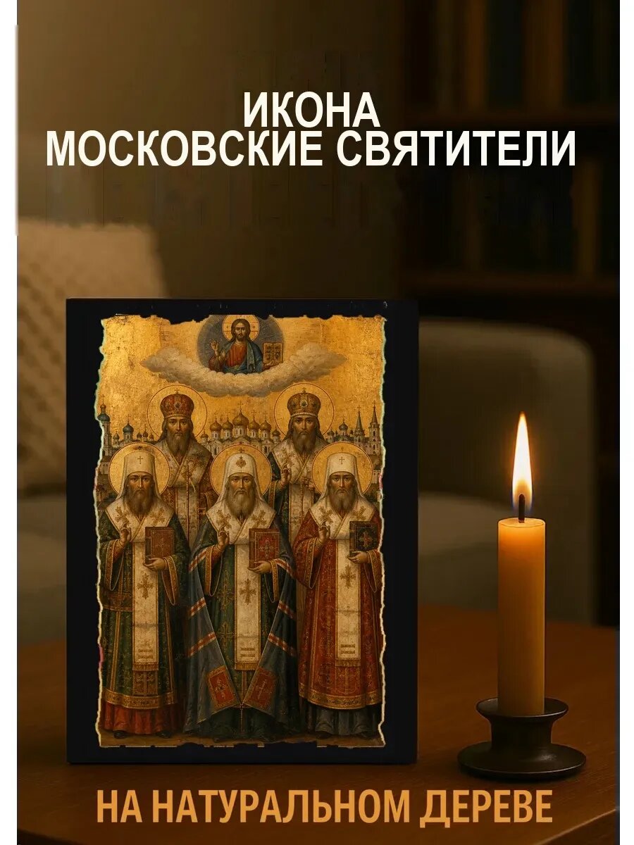 Икона Московские святители, на дереве, 15×18 см, освящённая, ручная работа