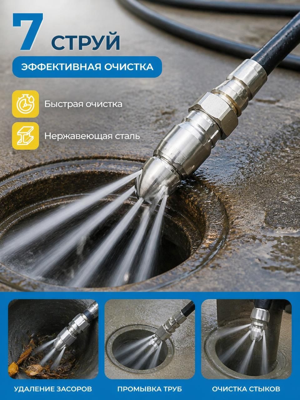 Форсунка для прочистки труб 7 отверстий нержавеющая сталь диаметр 32 100 мм