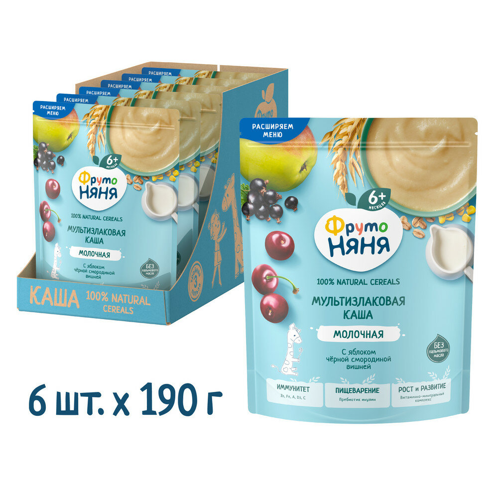 Каша сухая ФрутоНяня мультизлаковая с яблоком, смородиной, вишней, молочная, 190 г х 6 шт