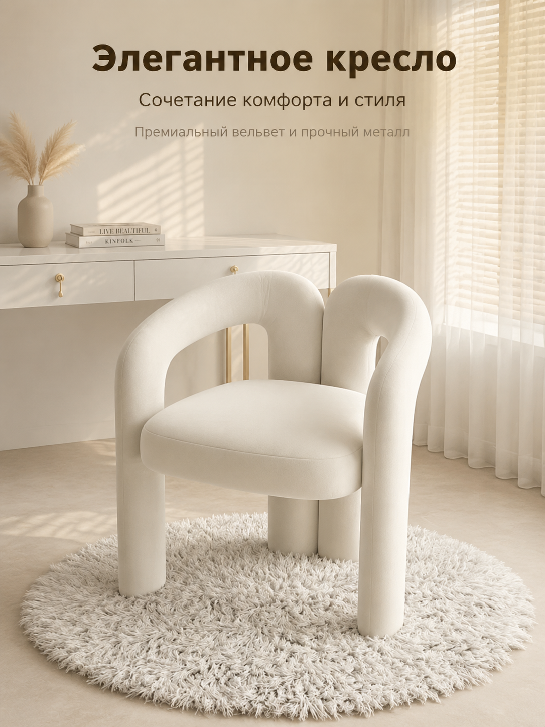 Кресло для макияжа кремовое, текстильное, с спинкой, для спальни и туалетного столика, современный дизайн, 47х47х78 см
