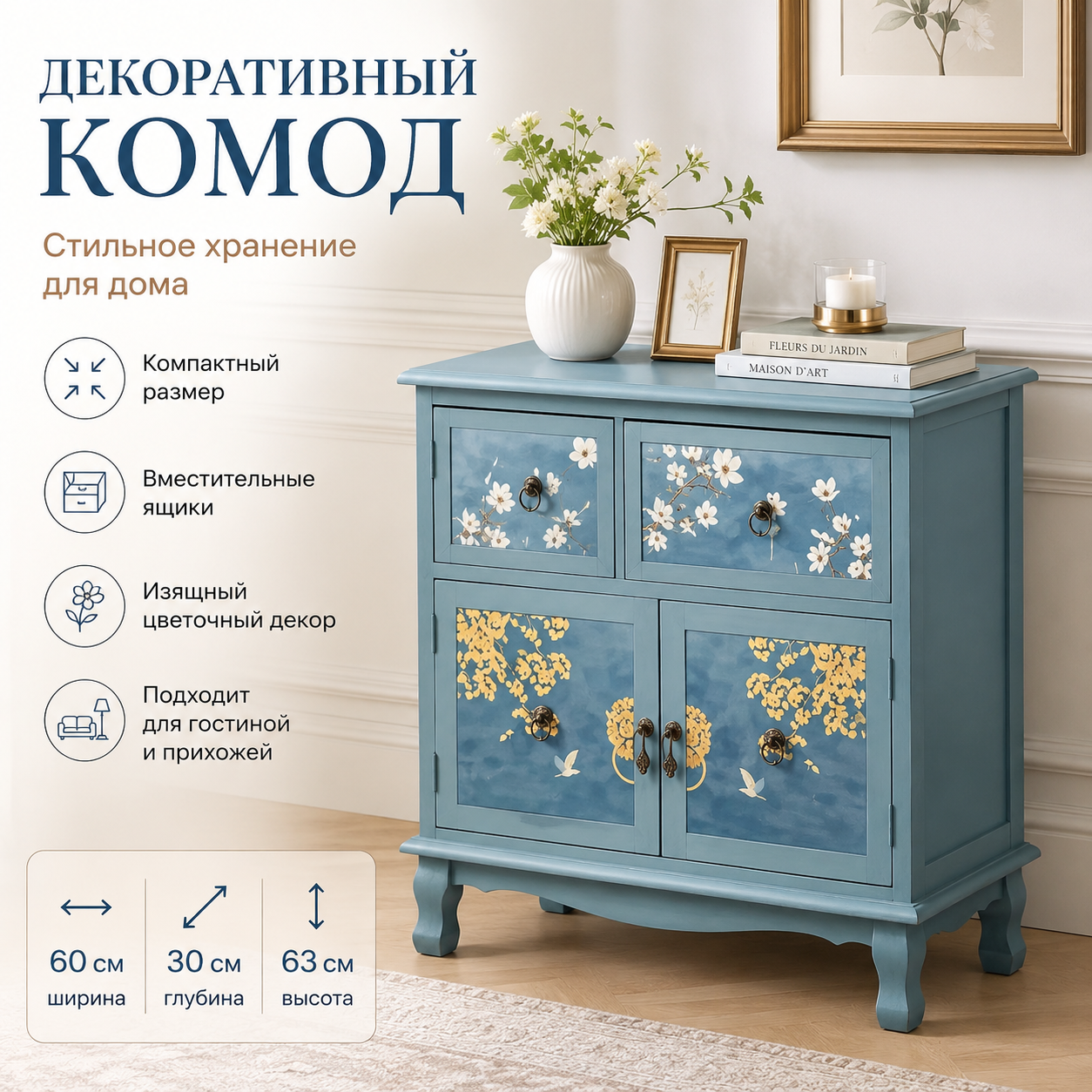 Буфет "Тонму", массив дерева, с ящиками, классический стиль, сине-зеленый