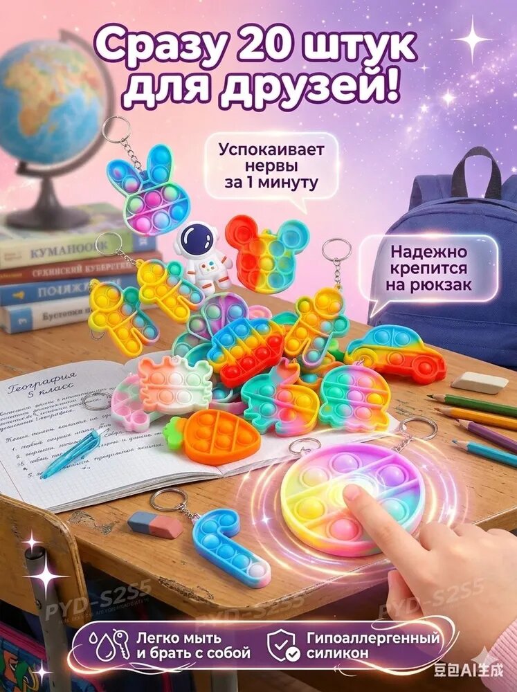 Набор игрушек антистресс, 20 штук, симпл димпл для детей на рюкзак ключи и сувениры на детский праздник