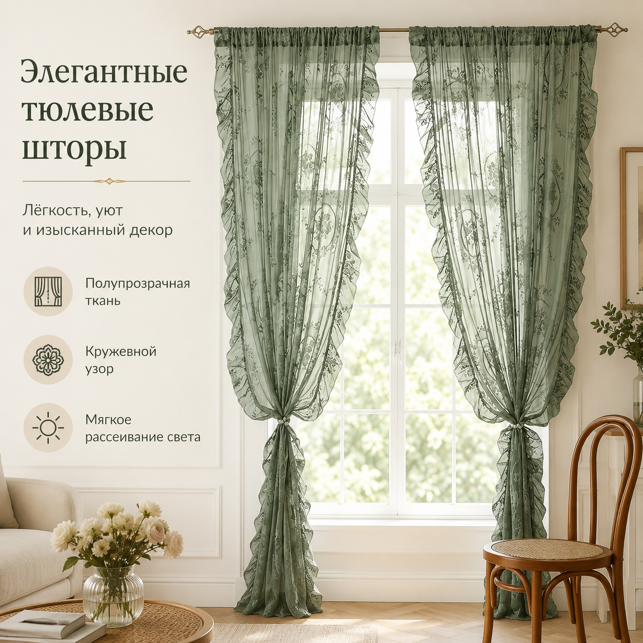Зеленая тюлевая штора с цветным узором и волнистыми оборками, легкая полупрозрачная вуаль для окна 140х260 см