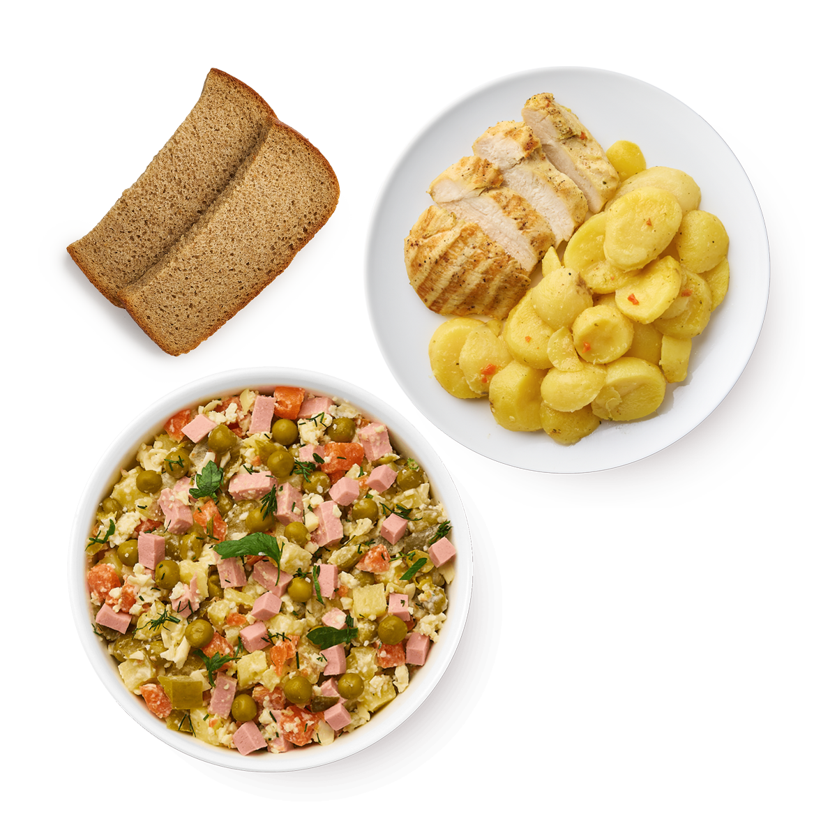 Комплексный обед №27 Отбивные из курицы, картофель зарумяненный, салат Оливье, хлеб «Домашний очаг»