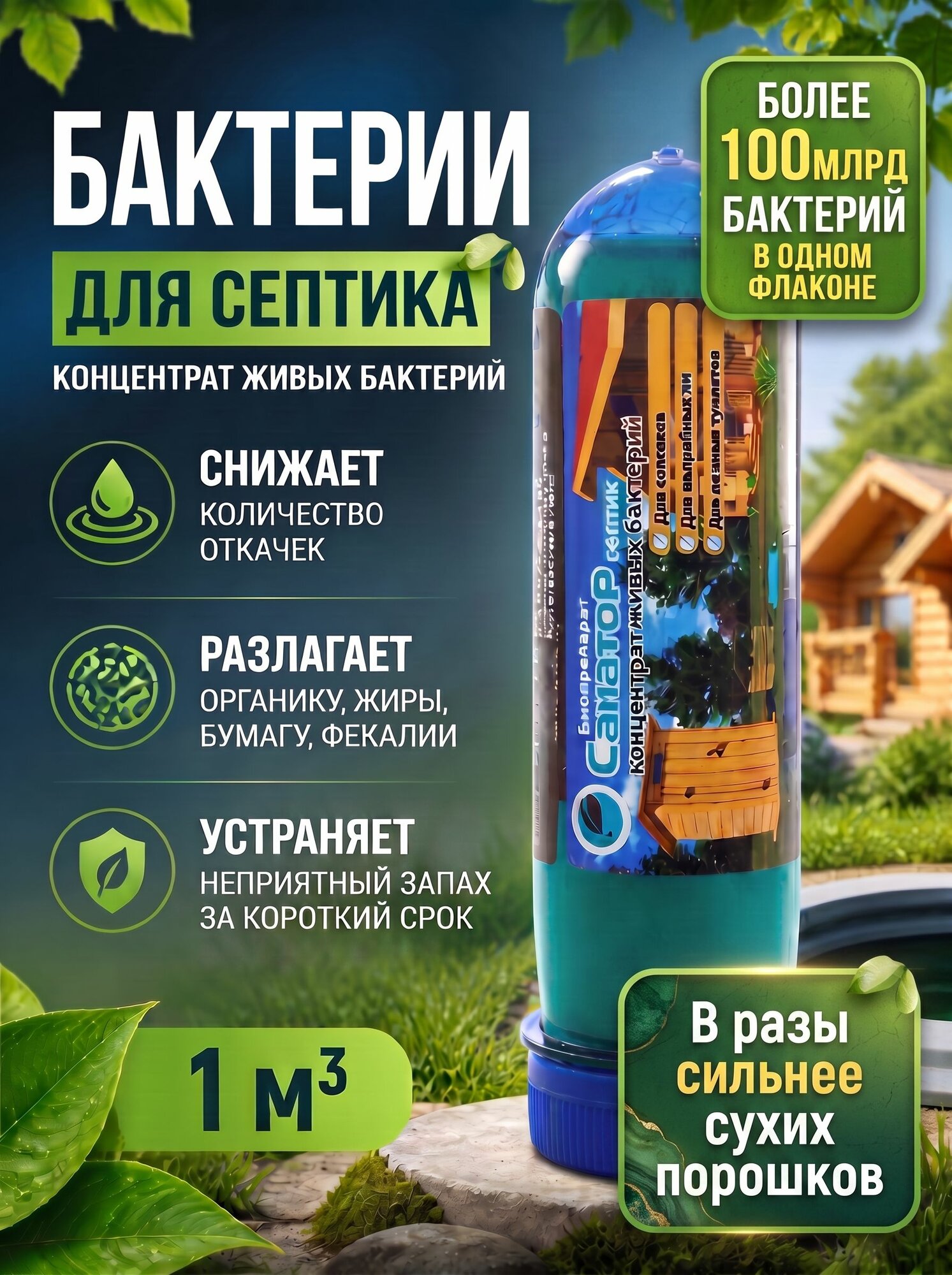 Бактерии для септиков и выгребных ям, для уличных туалетов Санатор, средство 100мл для септика для выгребной ямы для дачного туалета биопрепарат