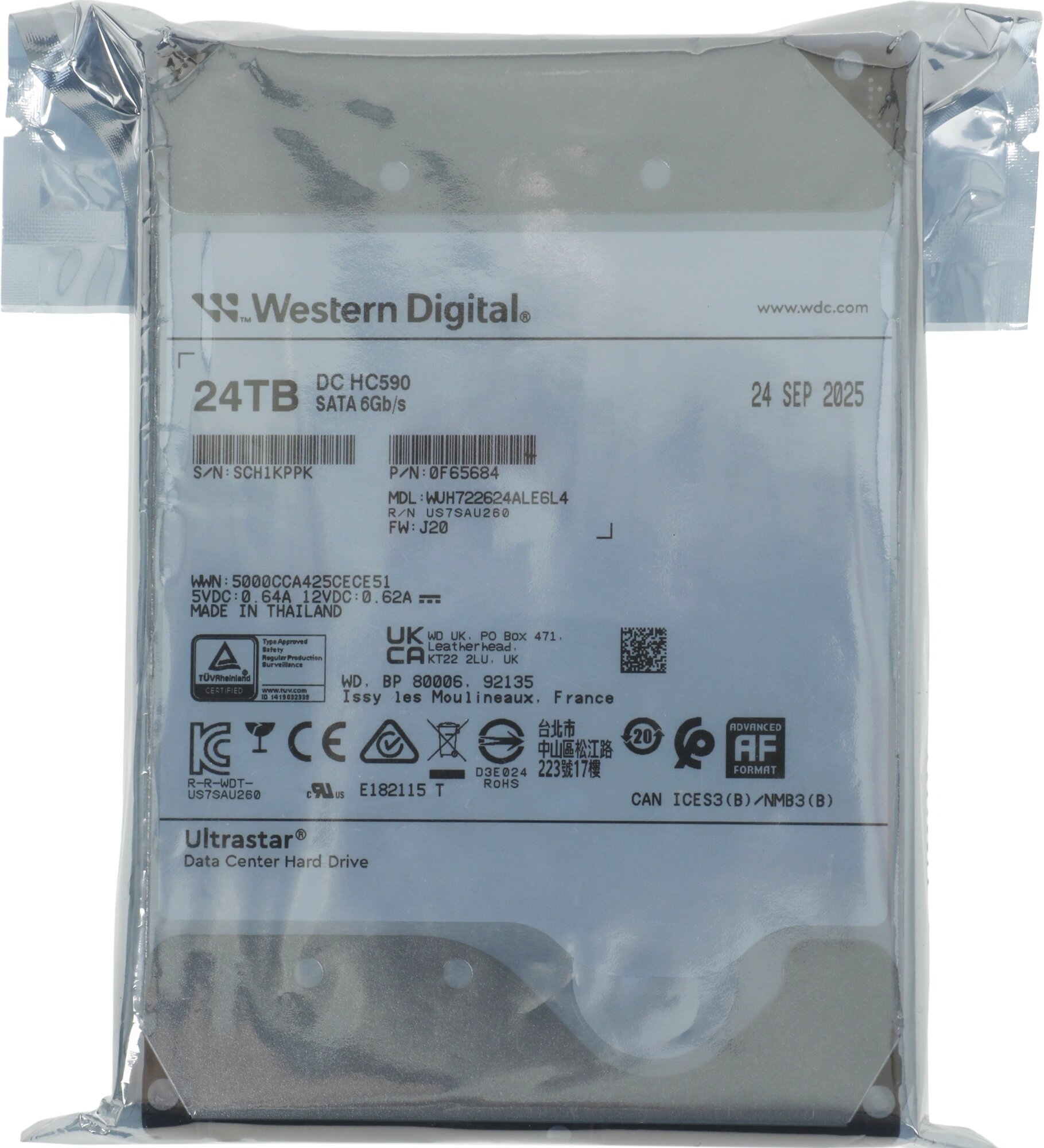 Жесткий диск WD SATA-III 24TB 0F65684 WUH722624ALE6L4 Ultrastar DC HC590 4KN (7200rpm) 512Mb 3.5"