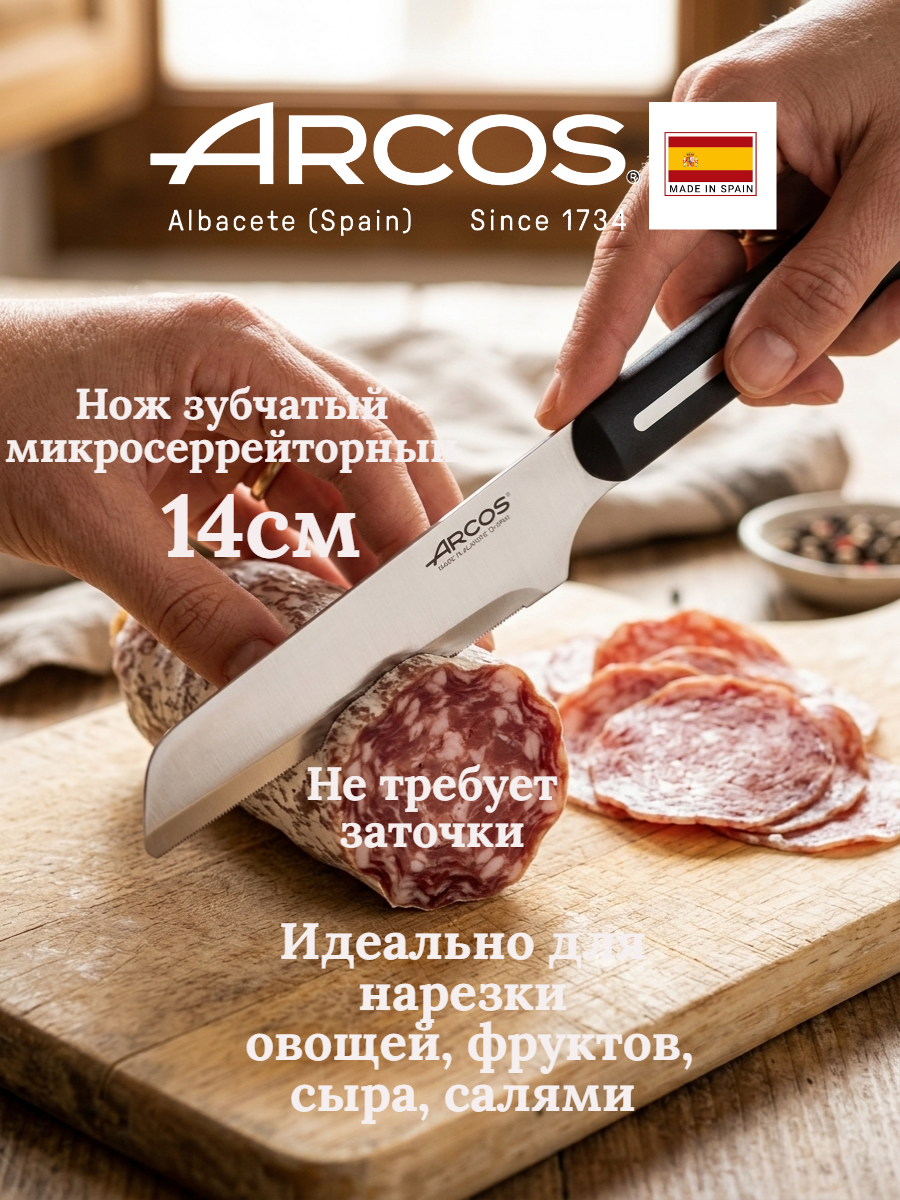 Нож кухонный 14см, Arcos Linea, микросеррейторный, для нарезки, Испания