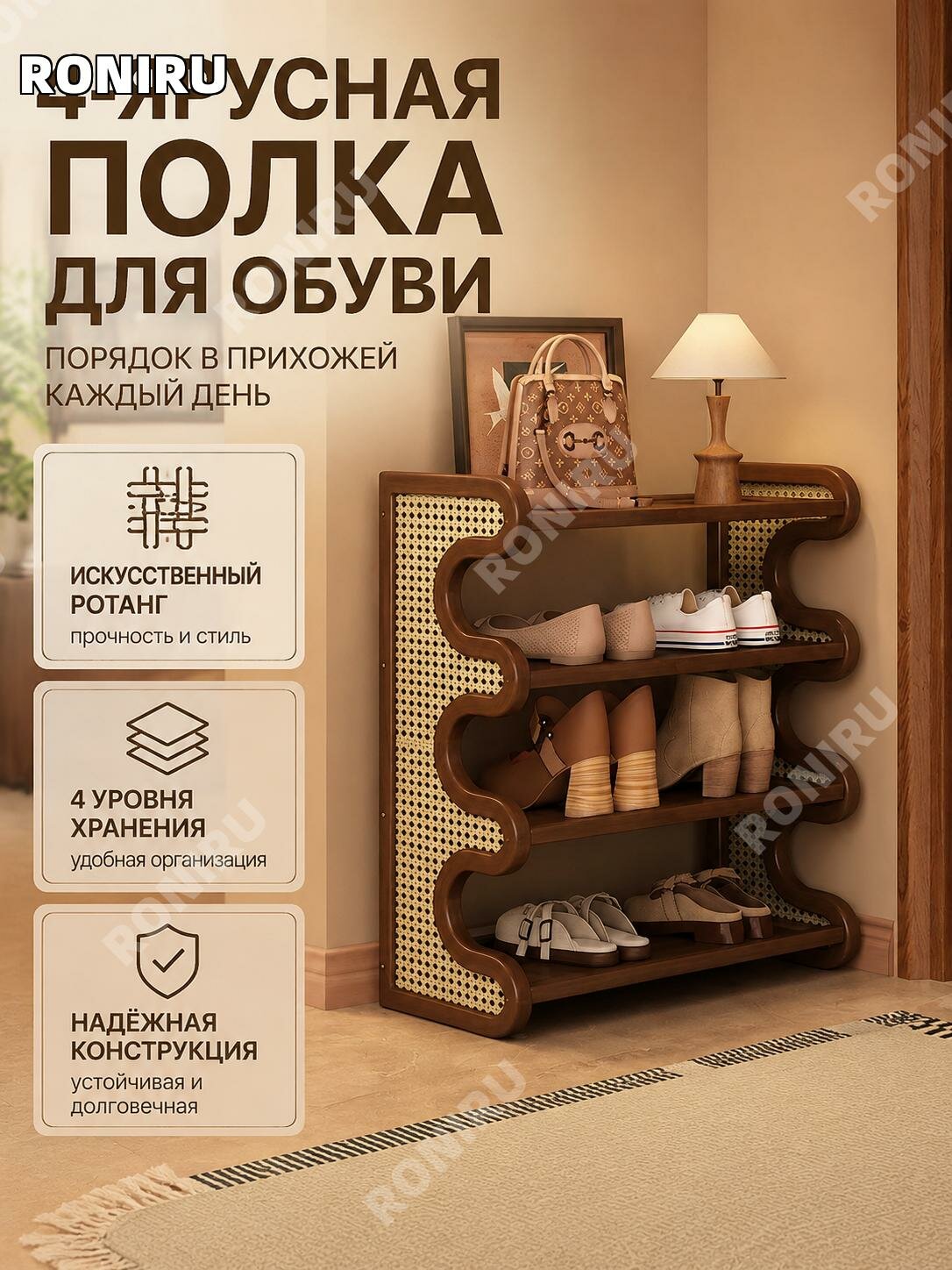 Обувница узкая4 яруса50 см, цвет орех, бамбук, ротанг и МДФ