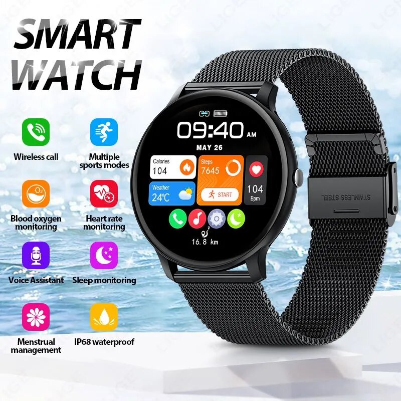 LIGE Смарт-часы smartwatch 1.39" Bluetooth 5.3 звонки, монитор Измерение частоты сердечных сокращений и артериального давления, IP68, для спорта, 46mm, Черный сетчатый пояс + бесплатный черный силиконовый пояс