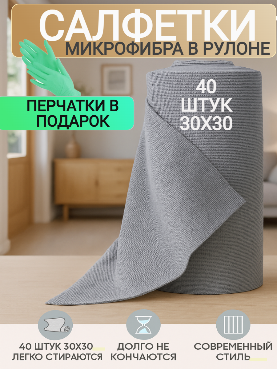 Рулон антибактериальных салфеток Maatz из микрофибры, 40 штук, серые 30х30 см, для кухни премиумнабор
