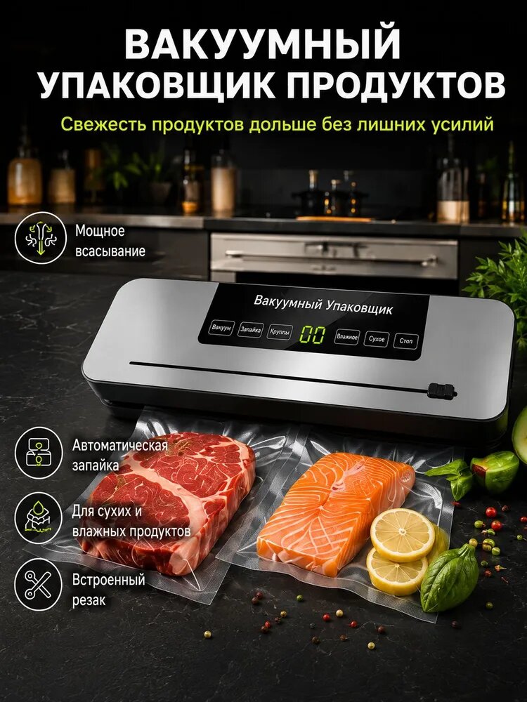 Вакууматор автоматический для сухих и влажных продуктов, компактный с запайкой и резаком, в комплекте с пакетами, для домашнего использования