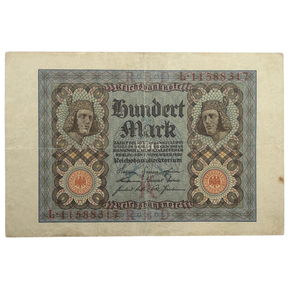 Веймарская республика (Германия) 100 марок 1920 г. (Литера K) (Серия L) (8-значный номер)
