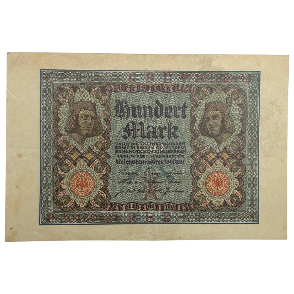 Веймарская республика (Германия) 100 марок 1920 г. (Литера X) (Серия P) (8-значный номер)
