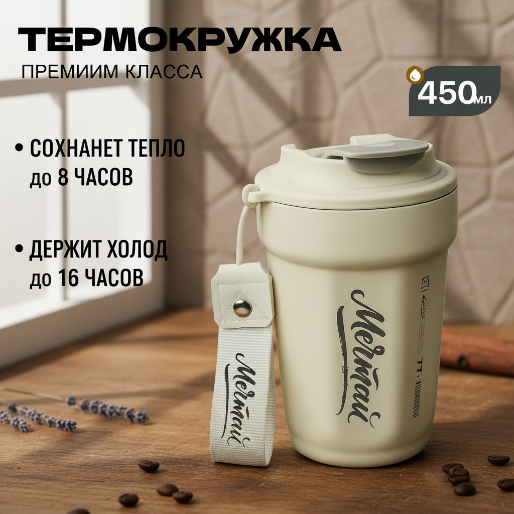 Автотермокружка 350 мл белая для кофе и чая высота 17 см