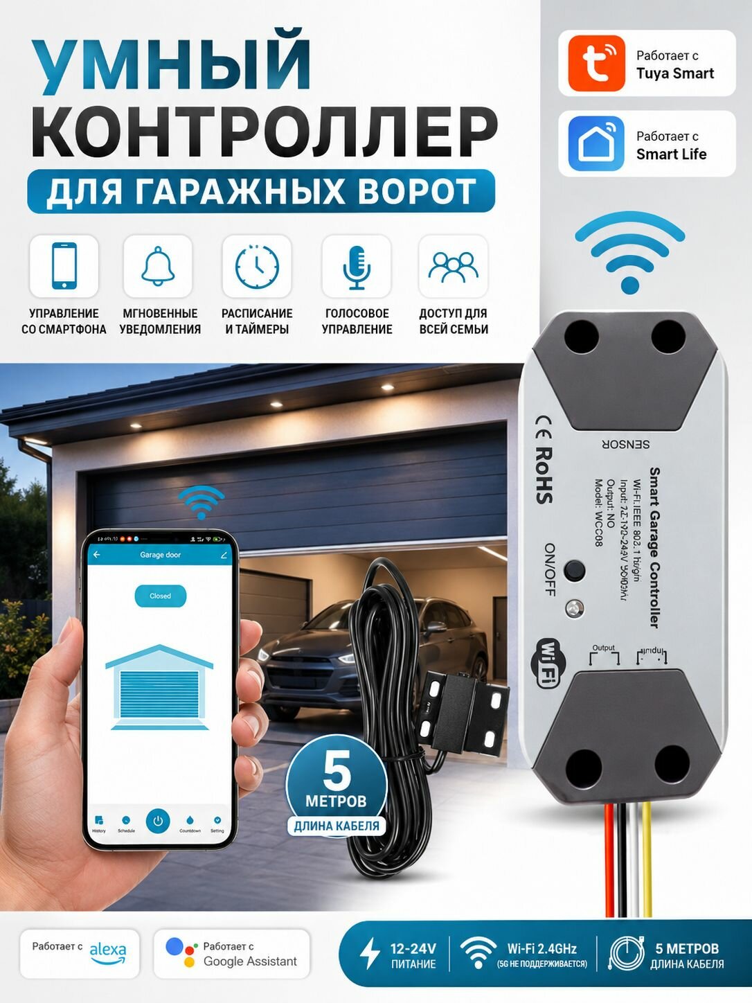 Умный WiFi контроллер гаражных ворот Tuya Smart Smart Life с управлением через приложение, поддержка Alexa дистанционное управление голосовое управление