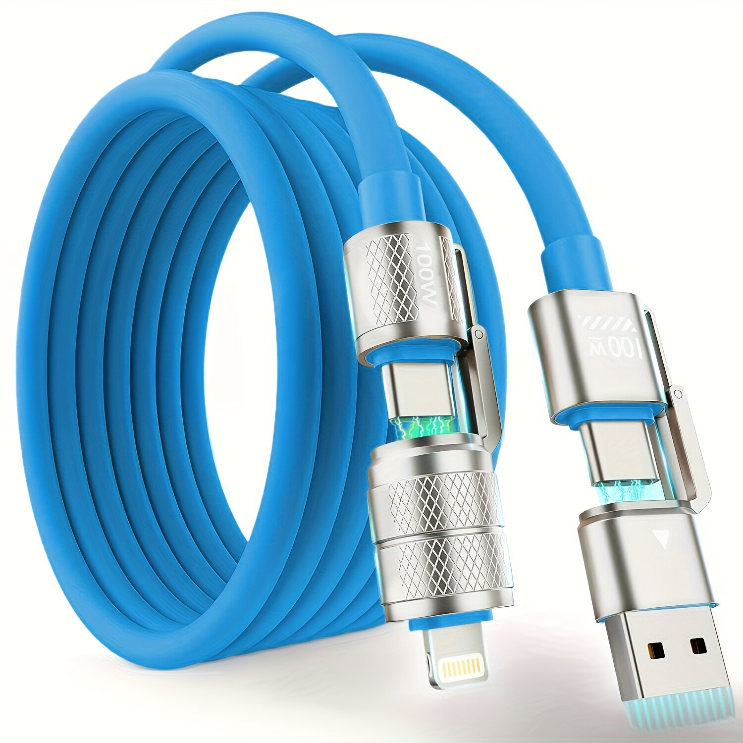 Кабель USB-C to USB-C 100W 4-в-1 с разъемами Type-C/A - C/Lightning для iPhone, MacBook, iPad, Samsung, Huawei, Xiaomi, 1 м, синий