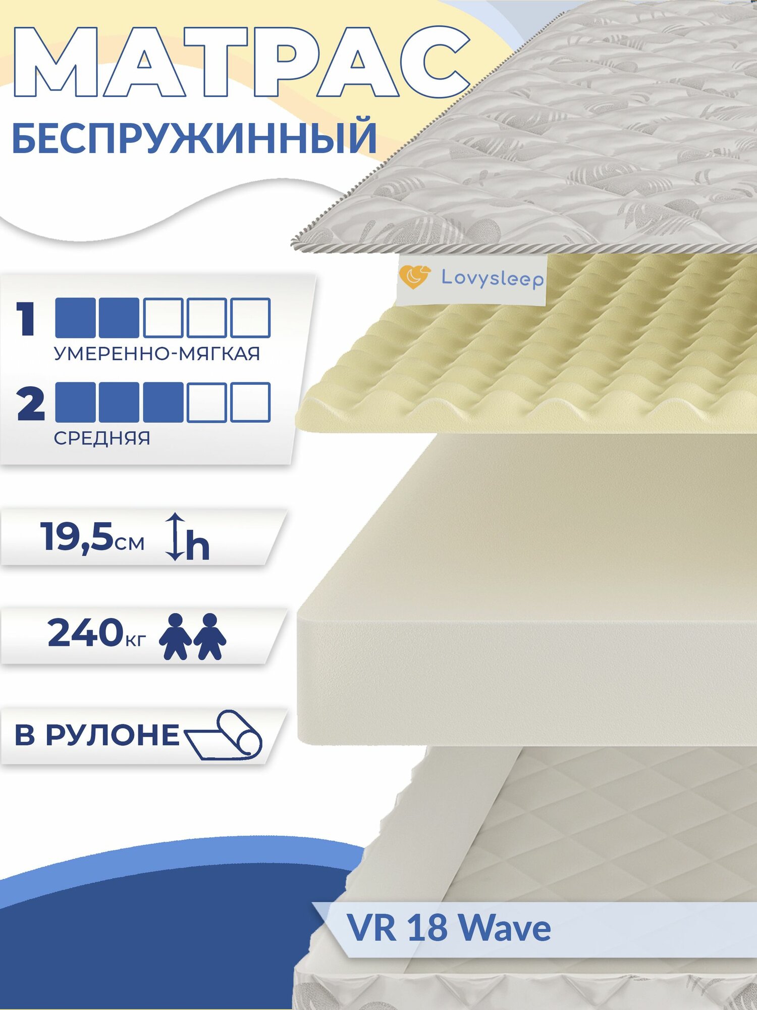 Матрас VR 18 Wave 145х200 см, беспружинный, 19,5 см, двуспальный, двусторонний с разной жесткостью, в рулоне