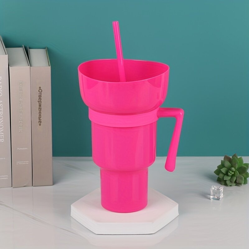 Стакан для попкорна с трубочкой, 32 oz, розово-красный, для дома, офиса и улицы