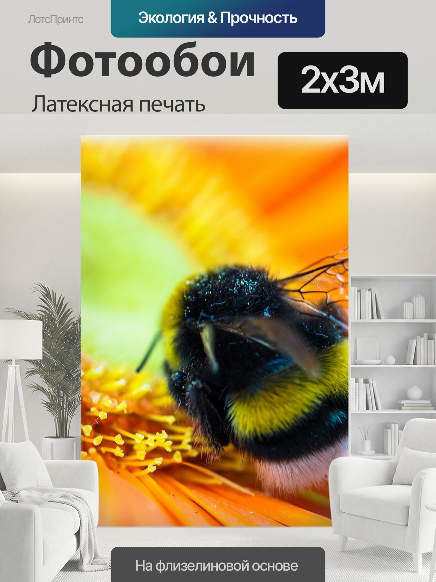 Фотообои моющиеся ударопрочные "Шмель, цвести, насекомые" 200x300 см. латексная печать