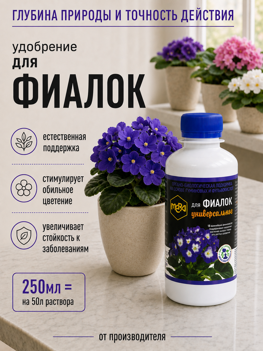 «MERA» для фиалок и сенполий - жидкое концентрированное удобрение 250мл