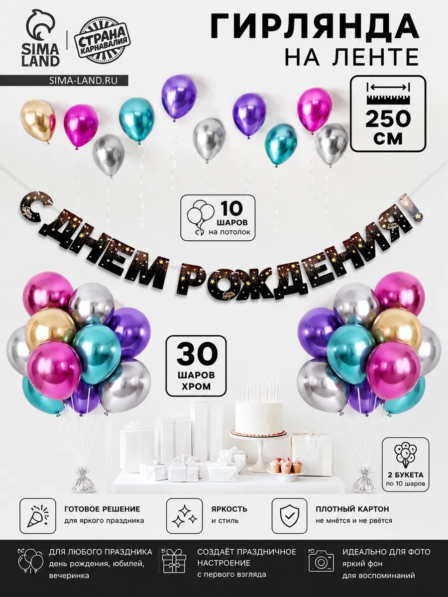 Гирлянда С днём рождения!+ 30 разноцветных шаров хром
