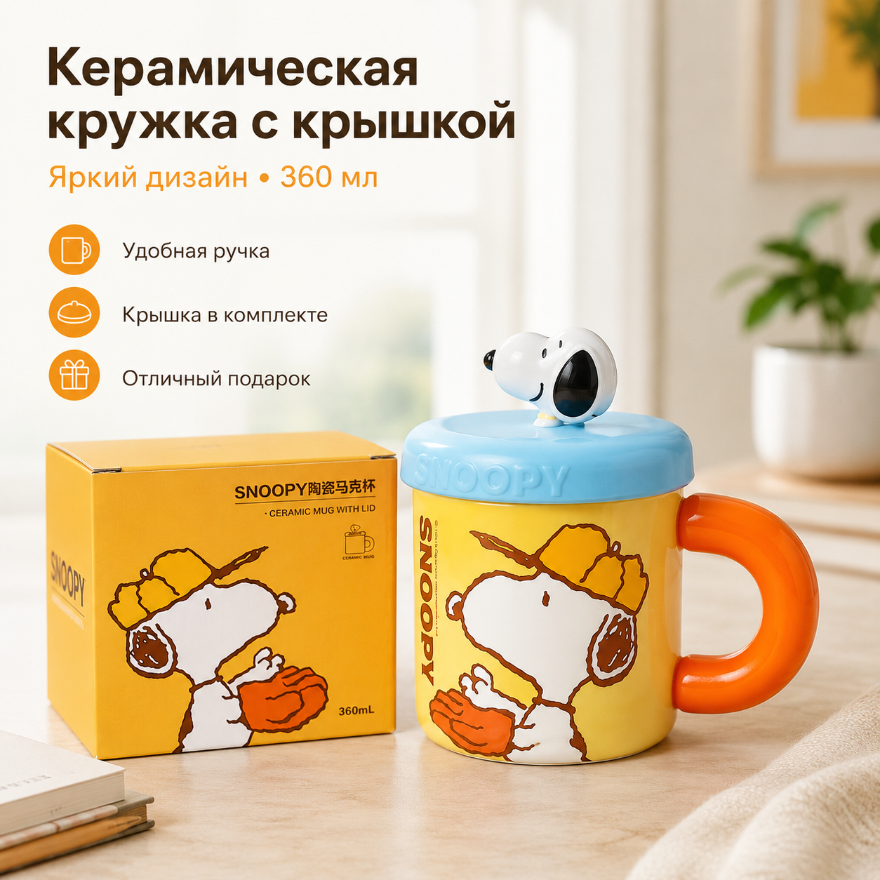 Детская кружка с персонажем Снупи, керамика, силиконовая крышка с фигуркой, объем 360 мл