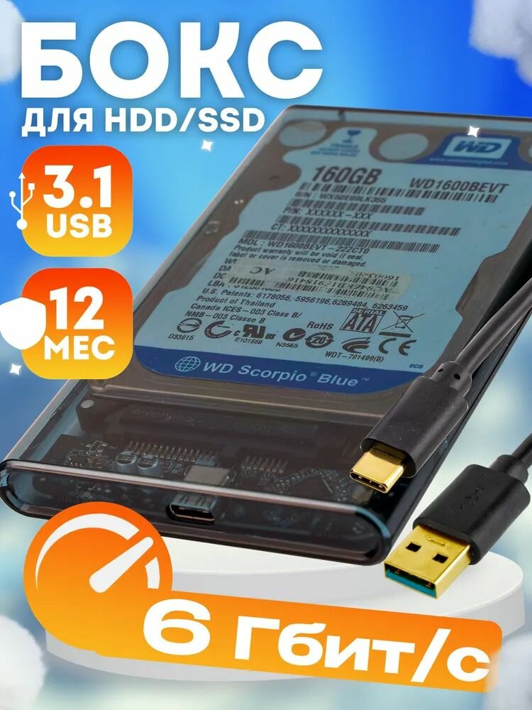 Внешний корпус для жесткого диска 2.5" USB type C 3.1 / Бокс для hdd / ssd темно-прозрачный внешний бокс 2.5 usb c 3.1 для ssd hdd темно-прозрачный
