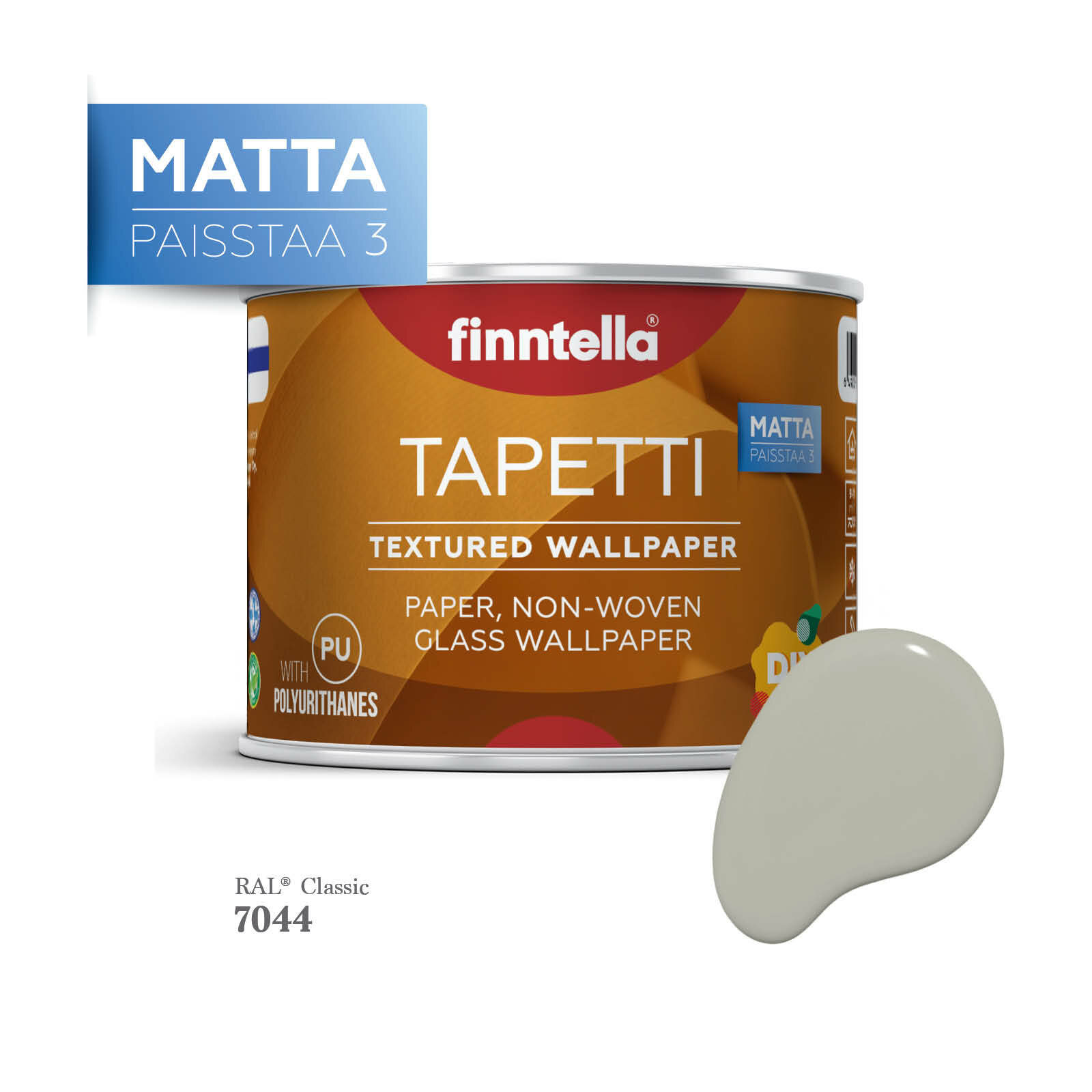 Матовая краска для обоев под окраску TAPETTI Matta FINNTELLA, Цвет RAL 7044 Серый шелк (Silk grey), 0,45л