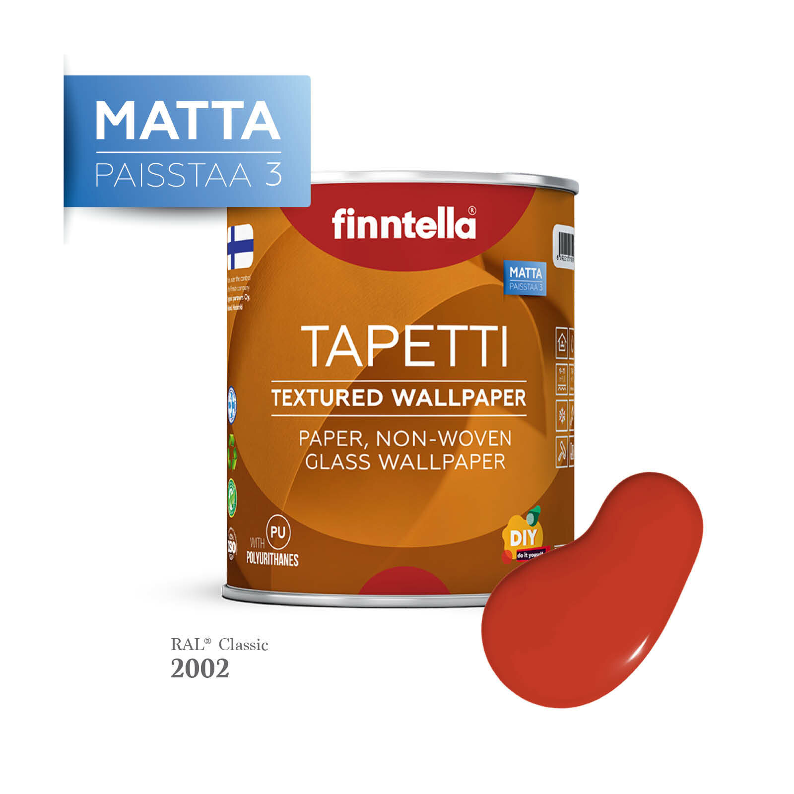 Матовая краска для обоев под окраску TAPETTI Matta FINNTELLA, Цвет RAL 2002 Алый (Vermilion), 0,9л