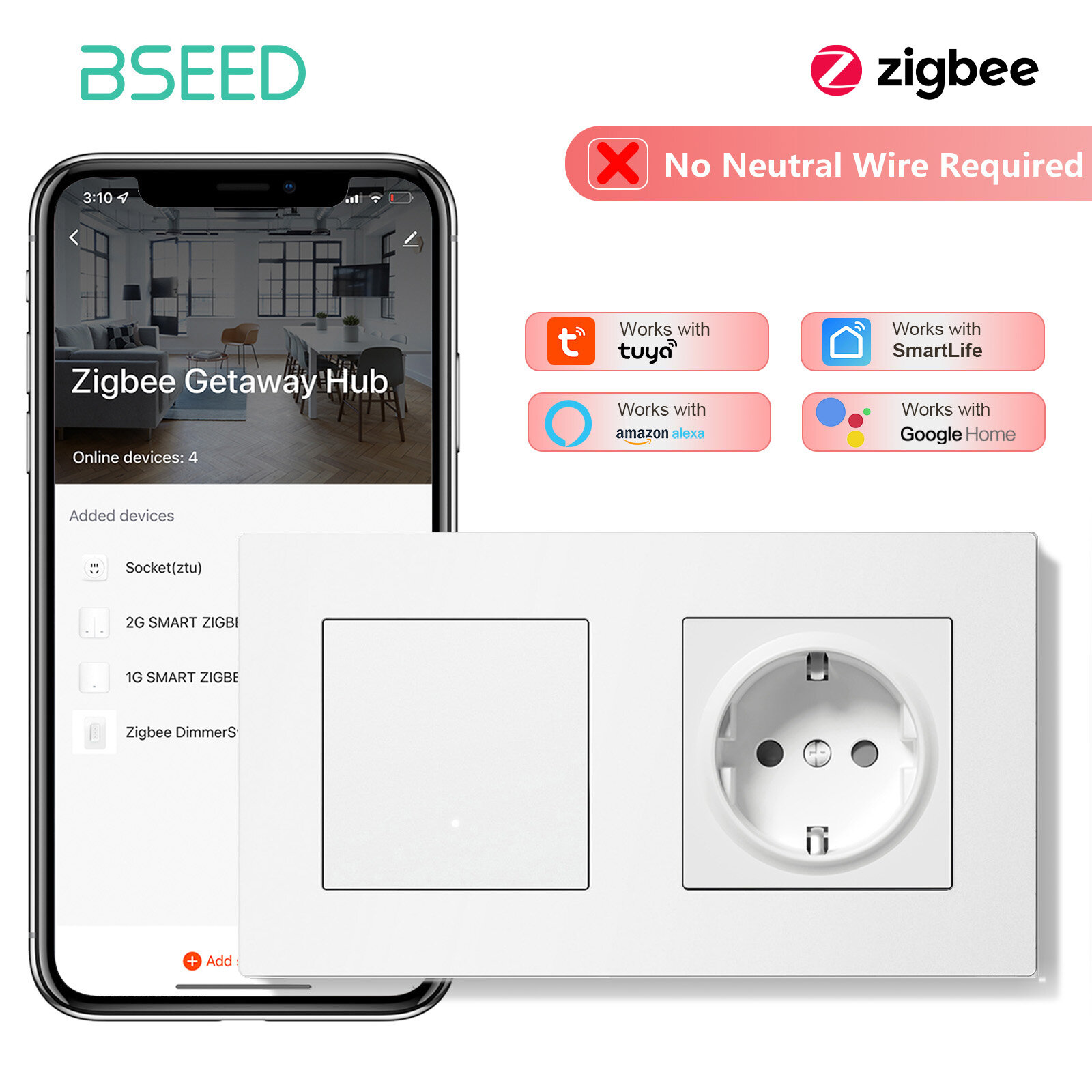 Умный выключатель Без нуля c Алисой, Легко нажать, ZIGBEE, 2 поста (1+1 розетка ), пластиковая рамка, 157mm