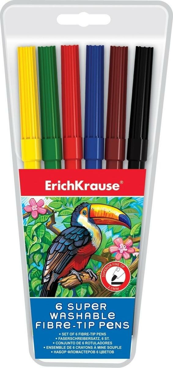 Фломастеры Erich Krause 6 цветов суперсмываемые, на водной основе, узел 2.5мм — фото 1