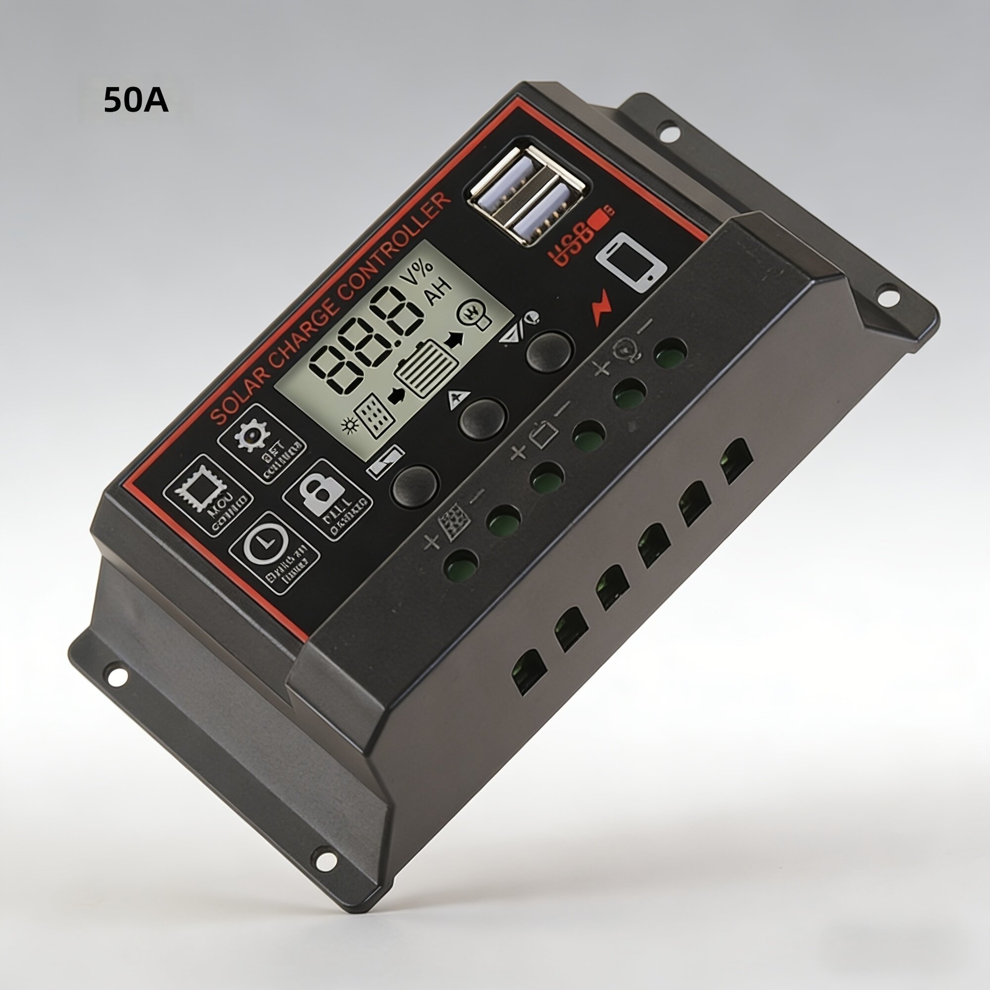 Солнечный контроллер заряда 12V/24V с автоматическим распознаванием, LCD дисплей, два USB-порта, 50A, красный, для регулировки напряжения солнечных панелей, для автономного энергоснабжения и кемпинга RV